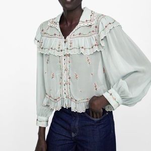 Zara | Tops | Zara Sage Embroidered Ruffle Blouse | Poshmark